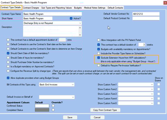 Contract WIP Report Settings
